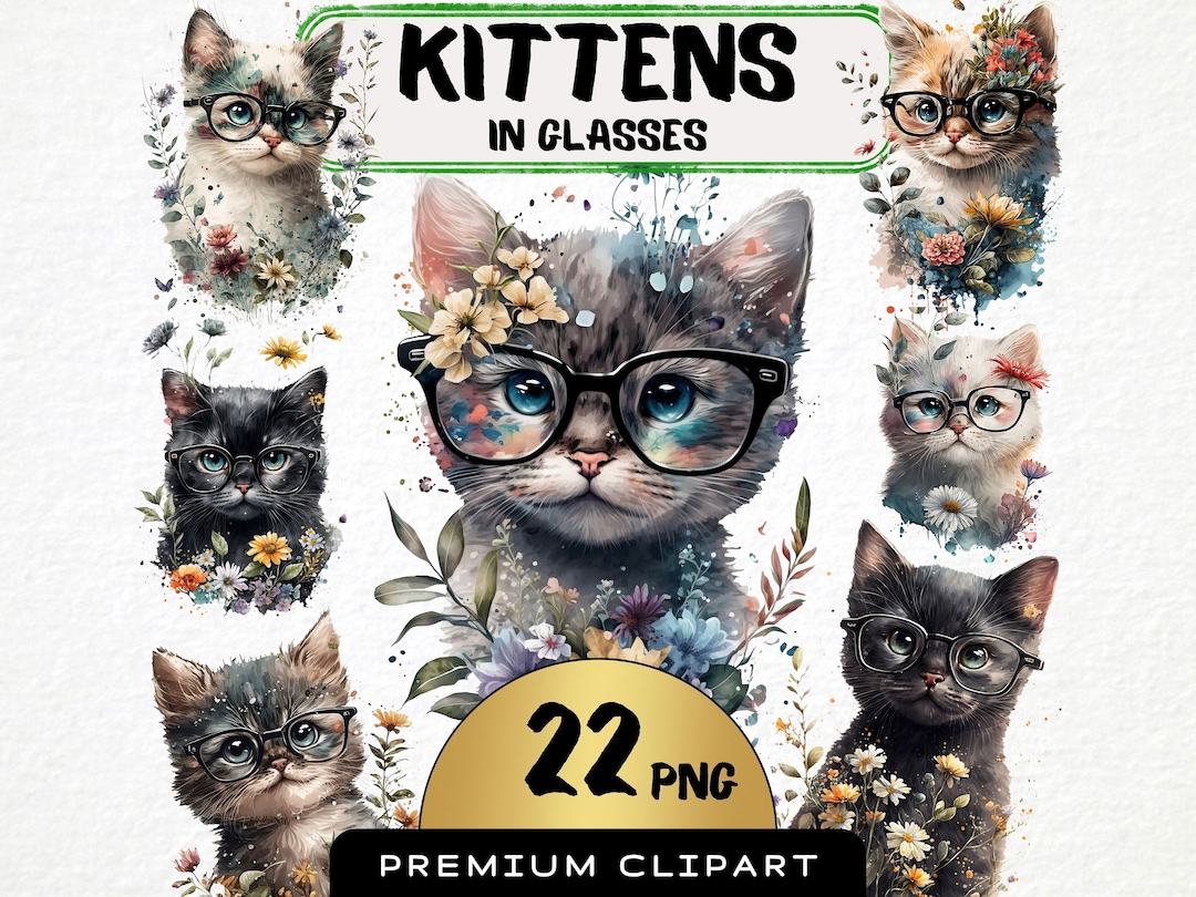 Cute Kittens in Glasses Clip Art Funny Cats Design Bundle, Watercolor ...