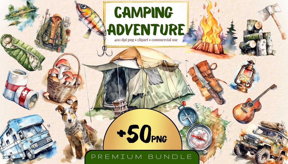 Camping Adventure Clipart Bundle Set of 50 Watercolor - Etsy