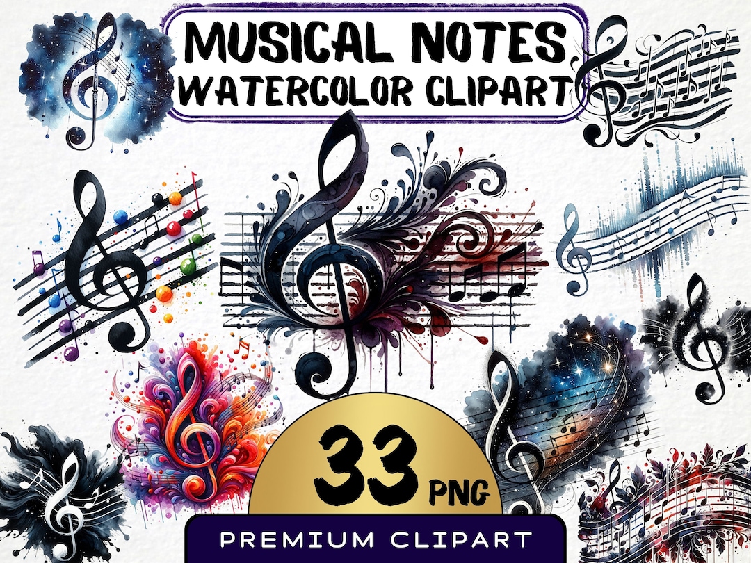 Watercolor Musical Notes Clipart, Colorful Music Staff Art (33 PNG) - Etsy