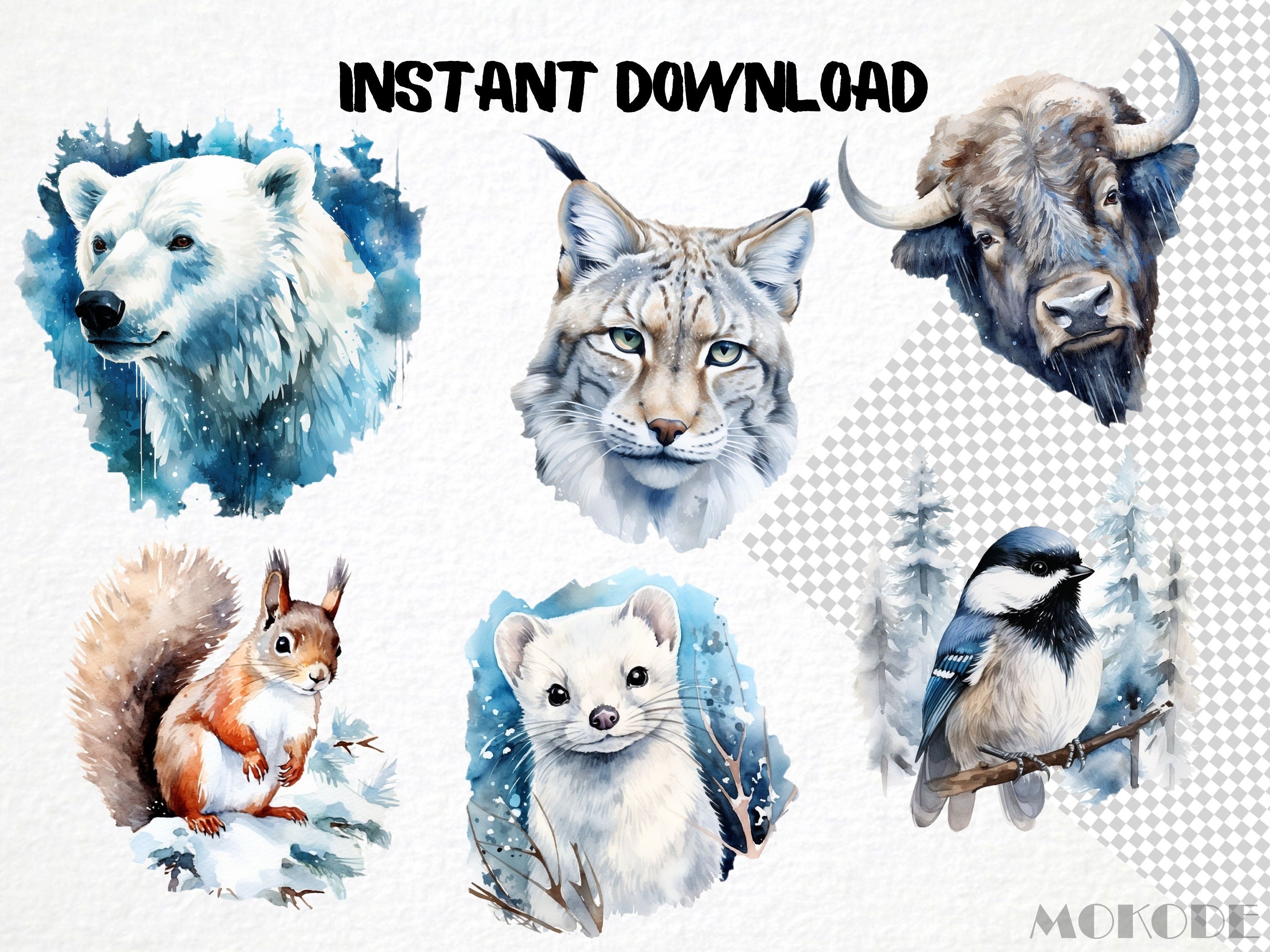 Winter Animals Watercolor Clipart 50 Png, White Tiger, Winter Squirrel ...
