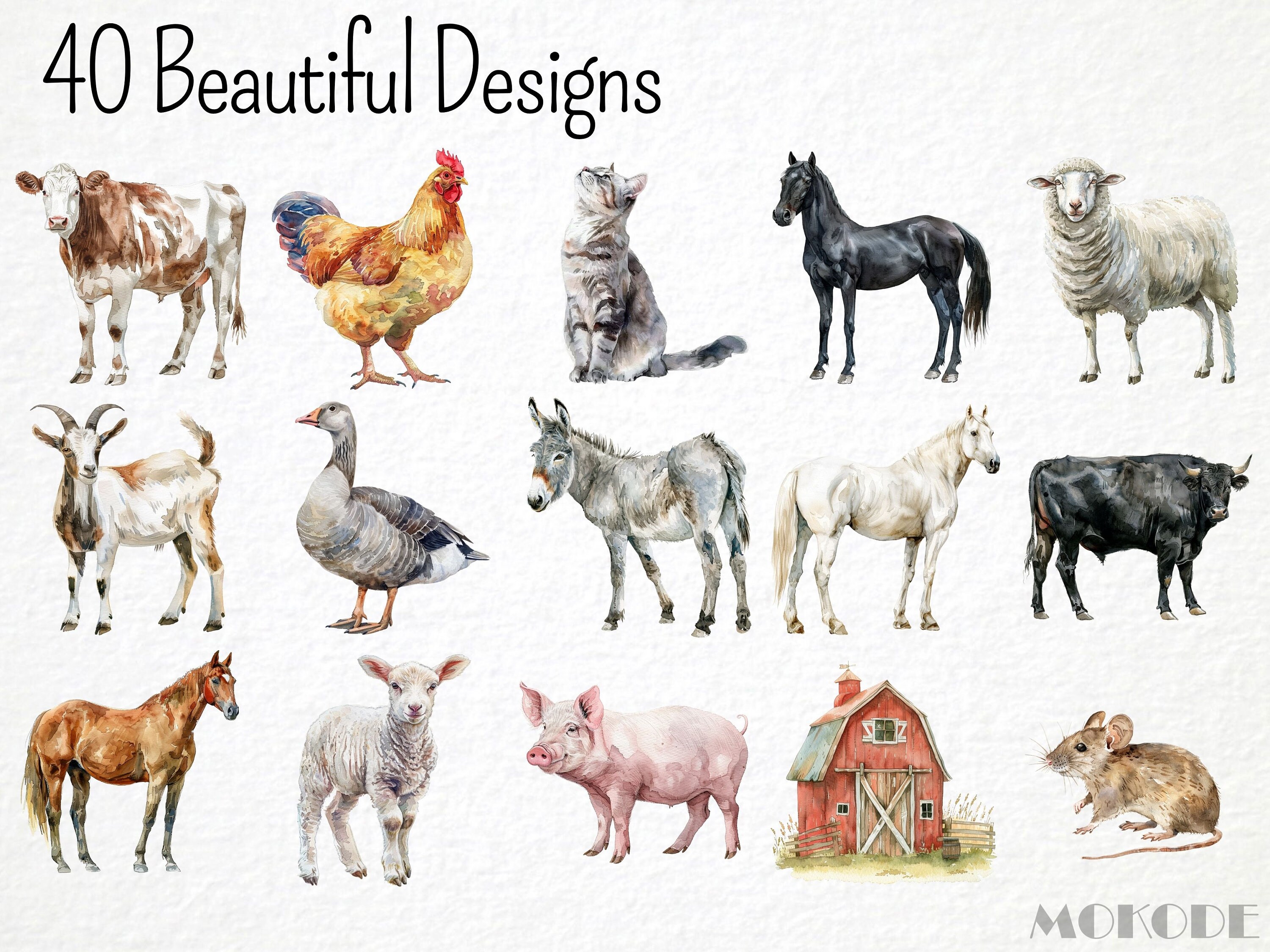 Watercolor Farm Animals Clipart, Cute Illustrations (40 PNG Digital ...