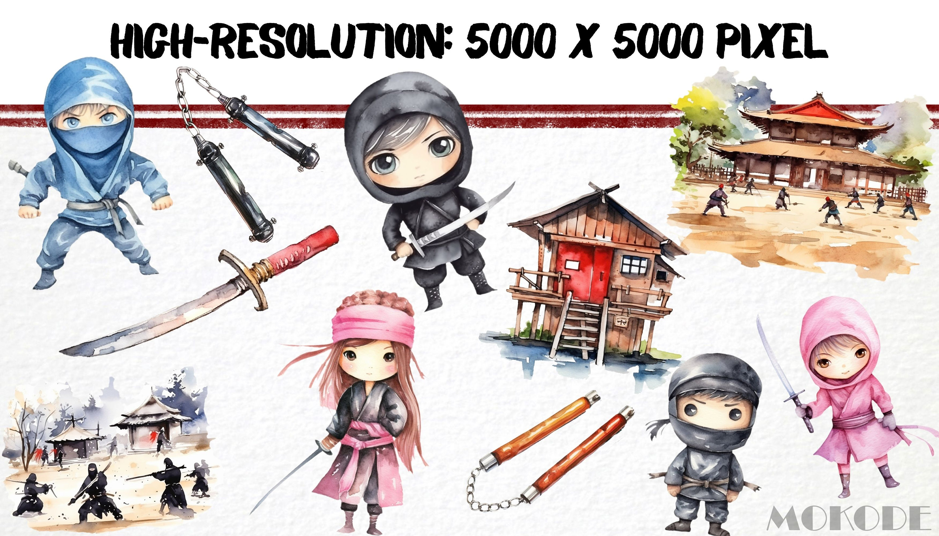 Cute Ninja Watercolor Clipart, 47 Ancient Japanese Warrior Ninja ...