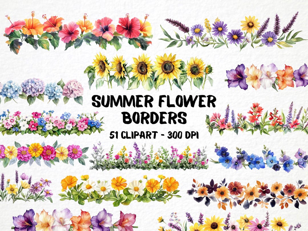 Watercolor Summer Flower Borders 51 Png Clipart Bundle, Sunflower ...