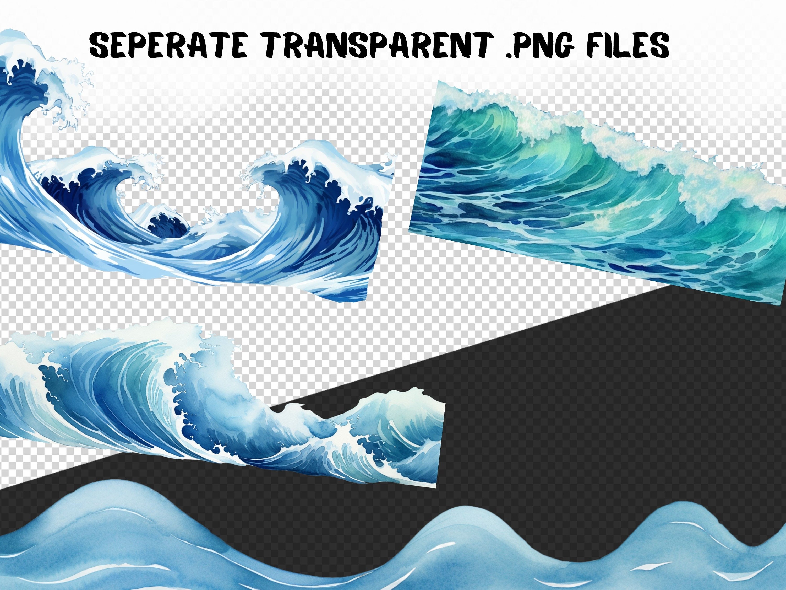 Watercolor Ocean Waves Borders 35 Png Clipart Bundle, DIY Graphics ...
