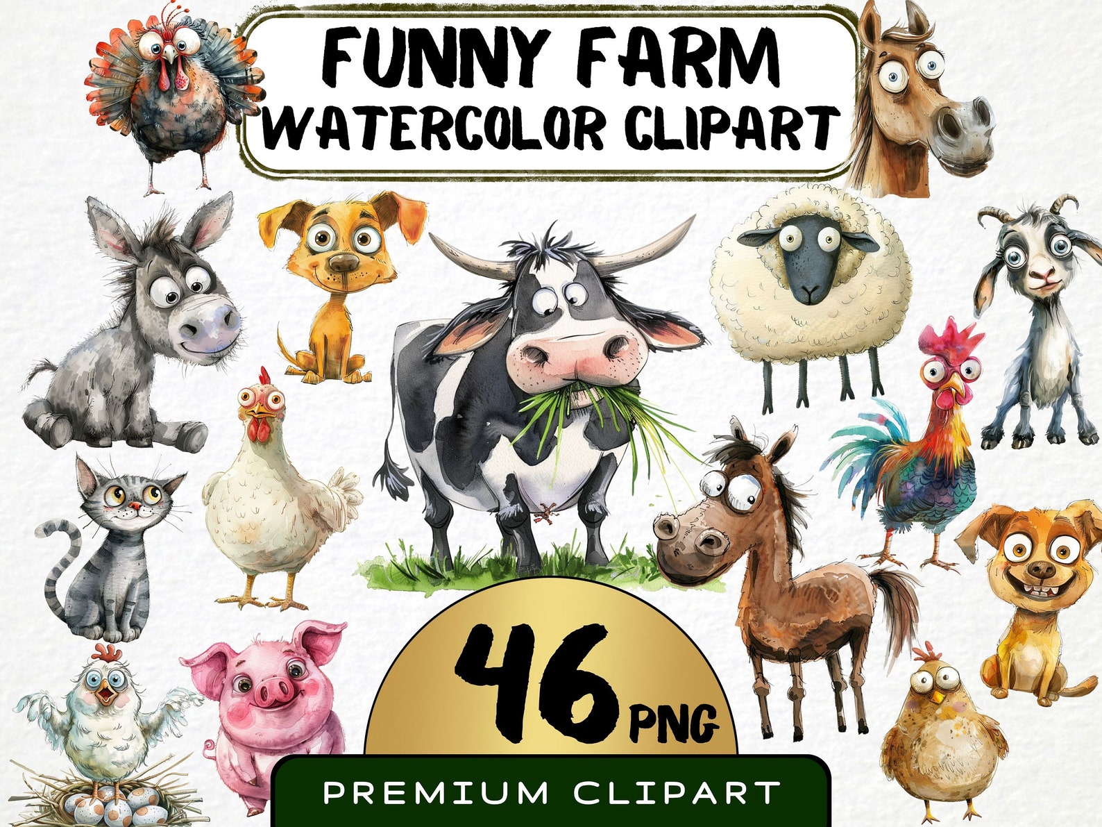 Funny Farm Animals 2 Clipart 46 Png, Cute Caricature Pets, Quirky Cow ...