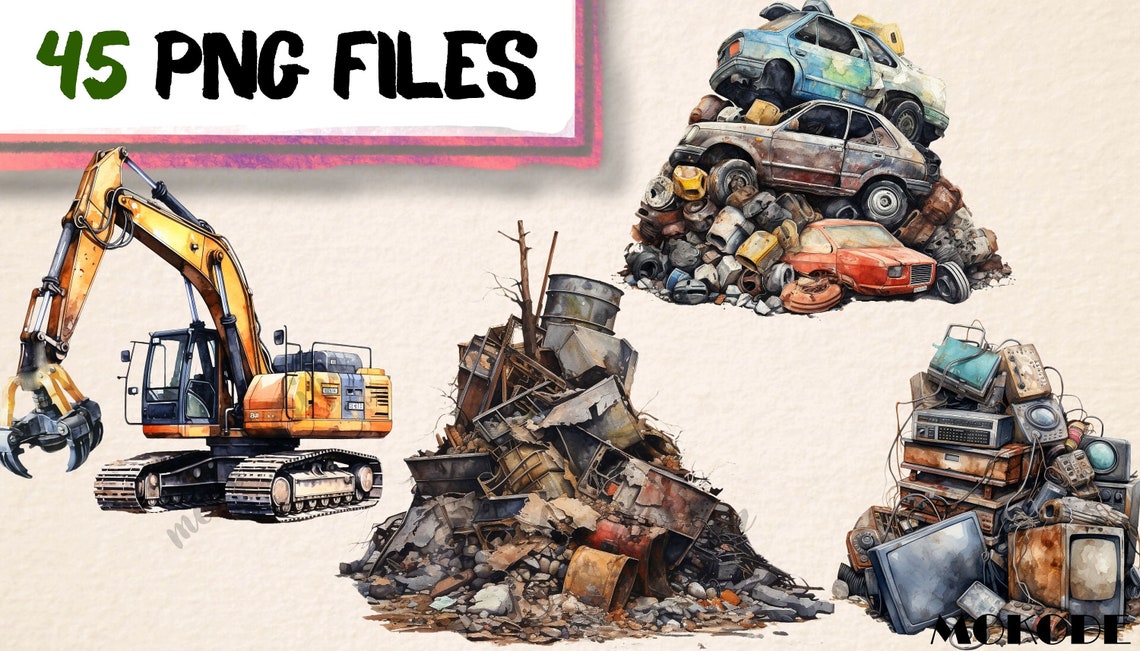 Junkyard Clipart Bundle, Scrap Metal Graphics, Excavator, Rusted Parts ...