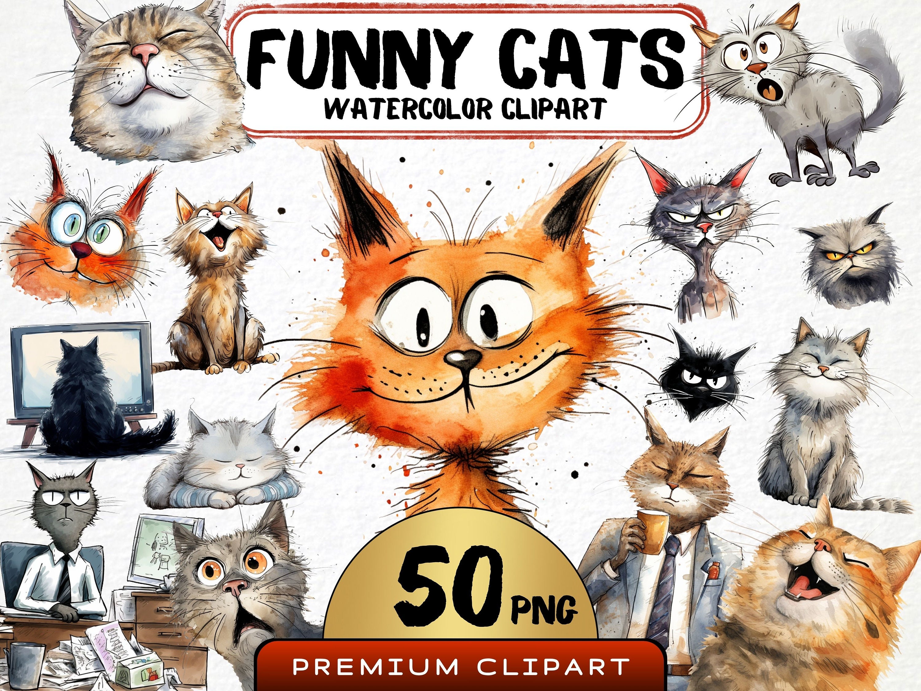 Funny Cat Clipart 50 Png, Cute Caricature Pets, Quirky Kittens ...