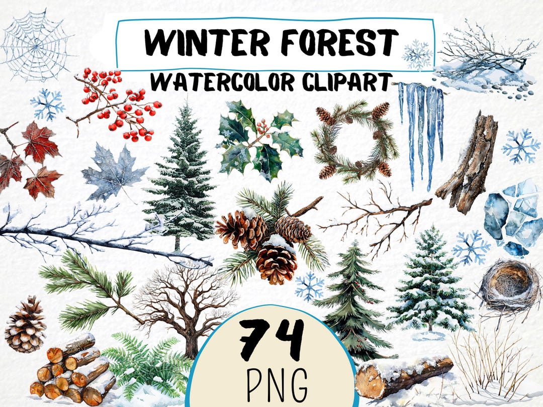 Watercolor Winter Forest Clipart 74 Png, Frosty Twigs & Logs Crafting ...