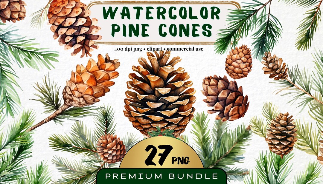 Watercolor Pine Cone Clipart, Set of 27, Christmas Decoration Clipart ...