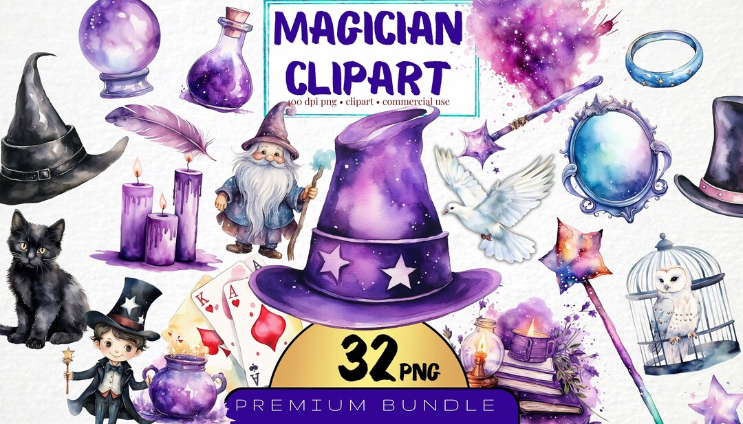 Watercolor Magician Clipart Wizard School Graphics, Set of 32, Witch ...