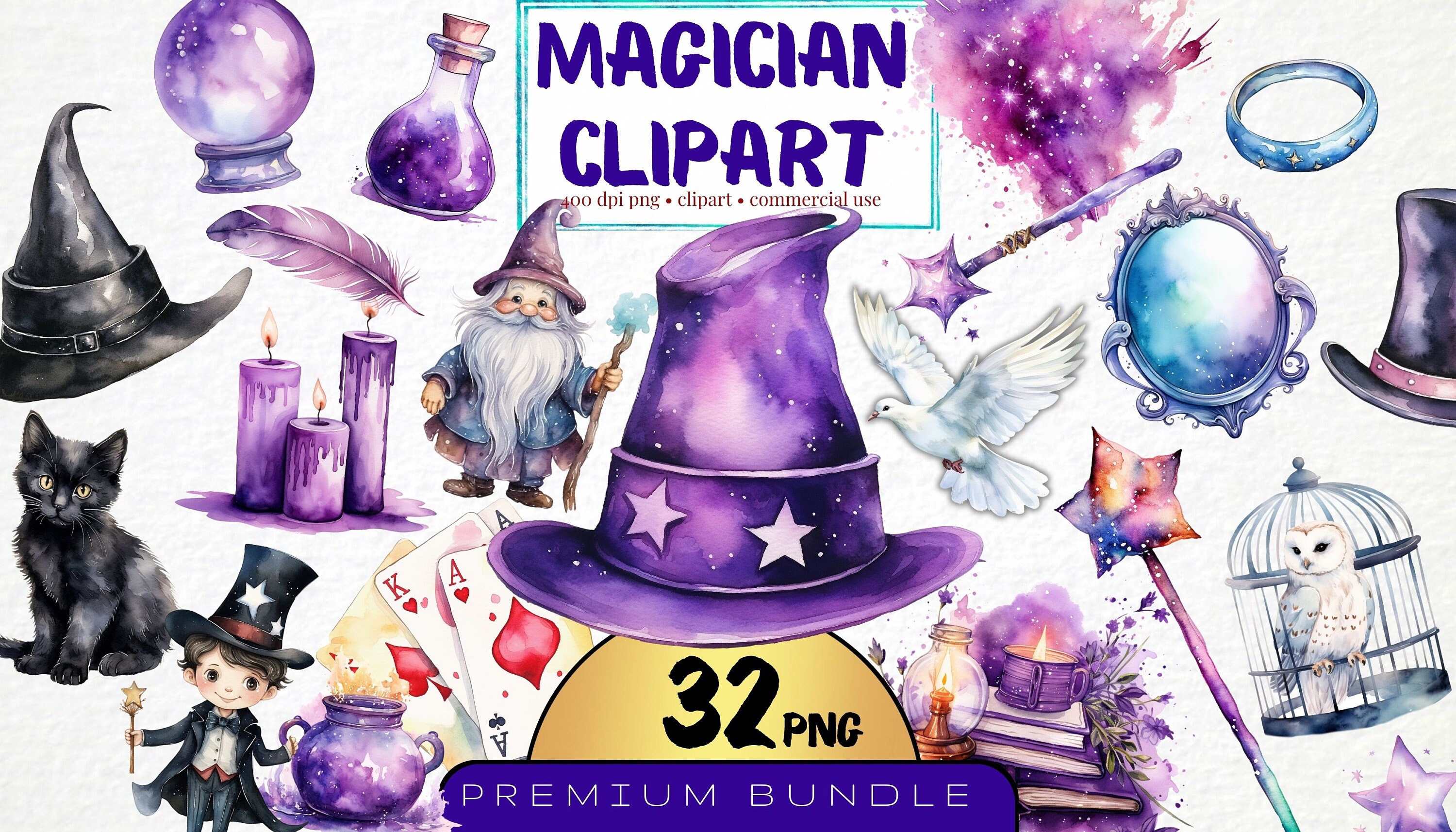Watercolor Magician Clipart Wizard School Graphics Set of 32 - Etsy