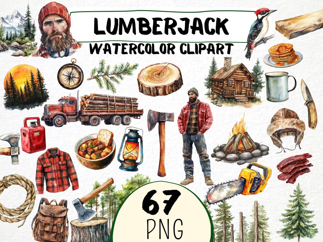 Watercolor Lumberjack Clipart Set, Forest Axe, Chainsaw Graphics ...