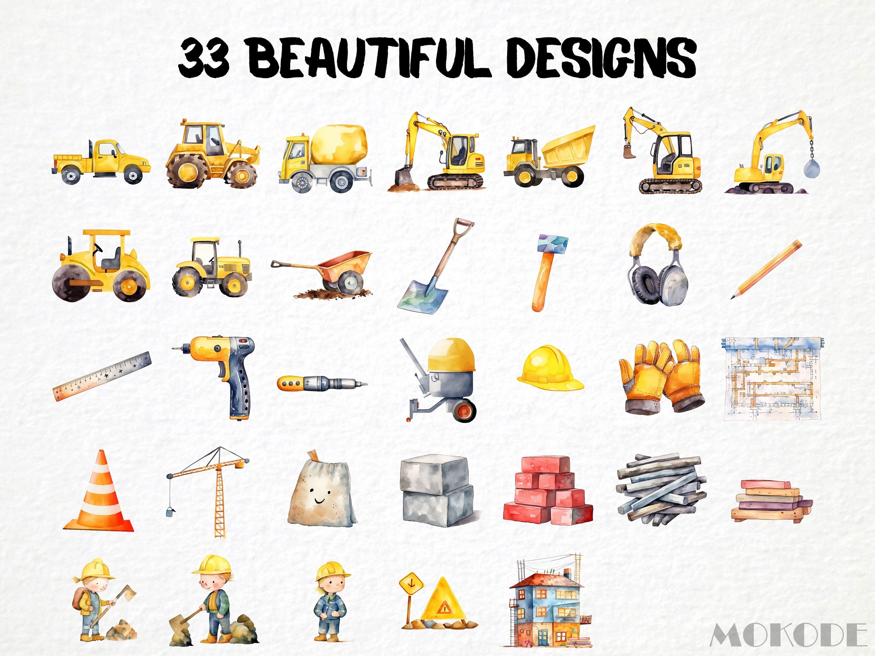 Watercolor Construction Clipart, 33 Png, Construction Vehicle Instant ...