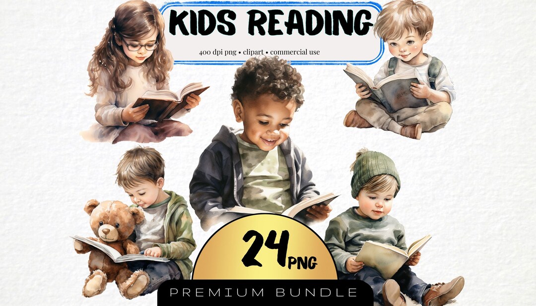 Kids Reading Watercolor Clipart, Nursery Bookworm PNG Set - Etsy