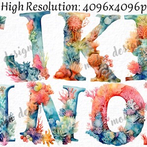 Watercolor Coral Reef Alphabet Clipart, Nautical Ocean Letters (digital ...