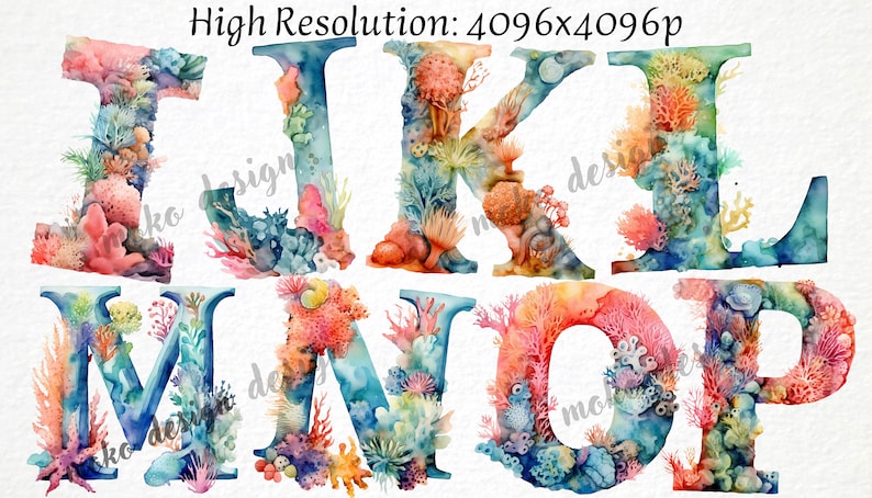 Watercolor Nautical Alphabet Clip Art Font Coral Reef Watercolor ...