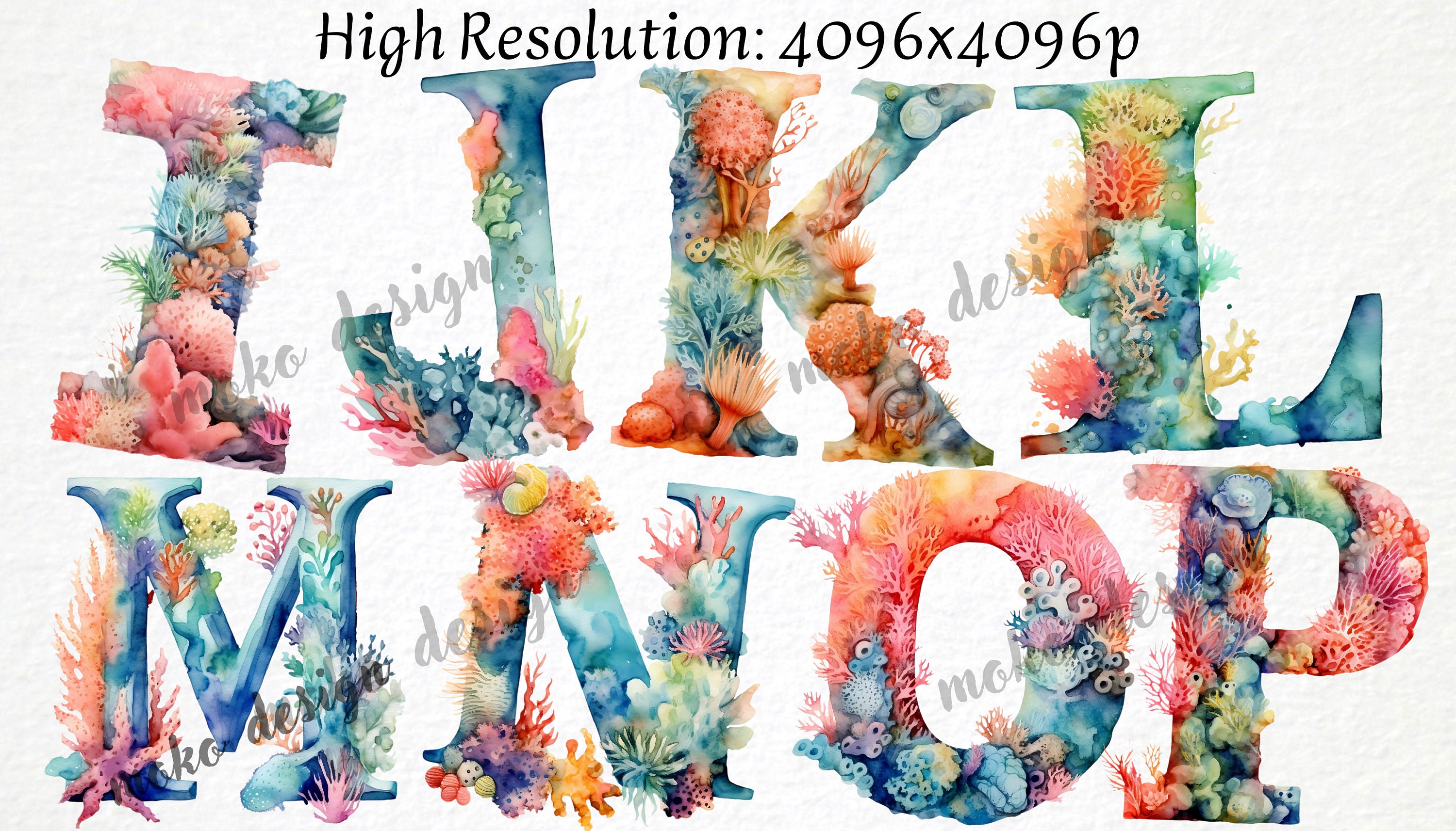 Watercolor Coral Reef Alphabet Clipart, Nautical Ocean Letters (digital ...