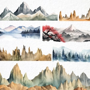 Watercolor Mountain Borders Clipart – 65 Nature Graphics (digital ...