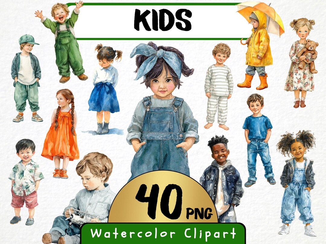 Watercolor Kids Clipart, Children Illustration Set (40 PNG) (digital ...