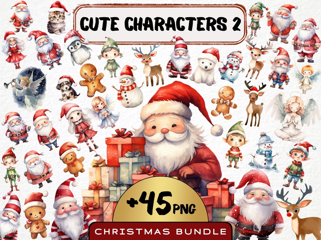 Cute Christmas Characters Clipart, Watercolor Xmas Clip Art PNG Bundle ...