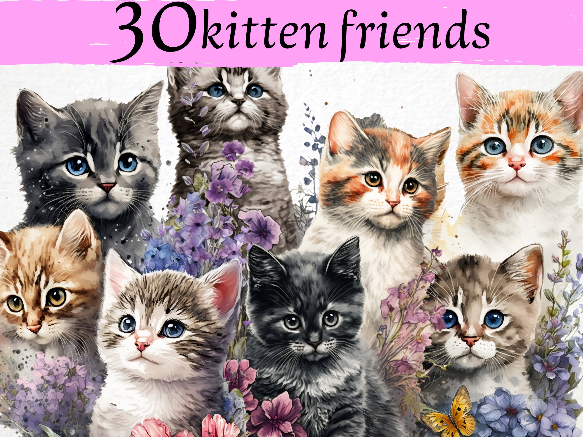Cute Kittens Clip Art Funny Cats Design Bundle, Watercolor Cute Kitty ...