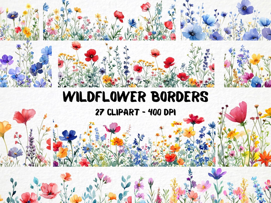 Watercolor Wildflower Borders - 27 Clipart Bundle, DIY Floral Graphic ...