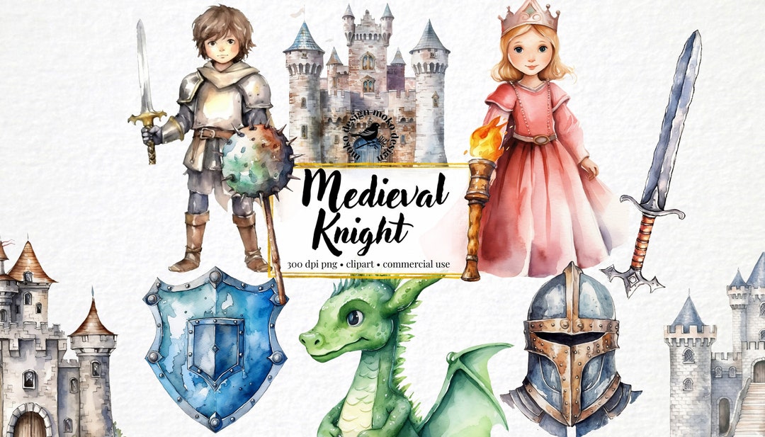 18 Watercolor Medieval Knights Clip Art Middle Age Castle Clipart ...