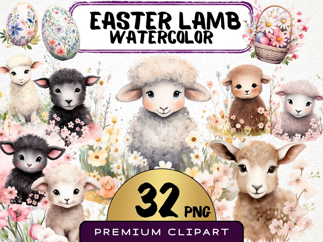 Cute Easter Lamb Clipart, 32 PNG, Pastel Watercolor Spring Baby Sheep ...