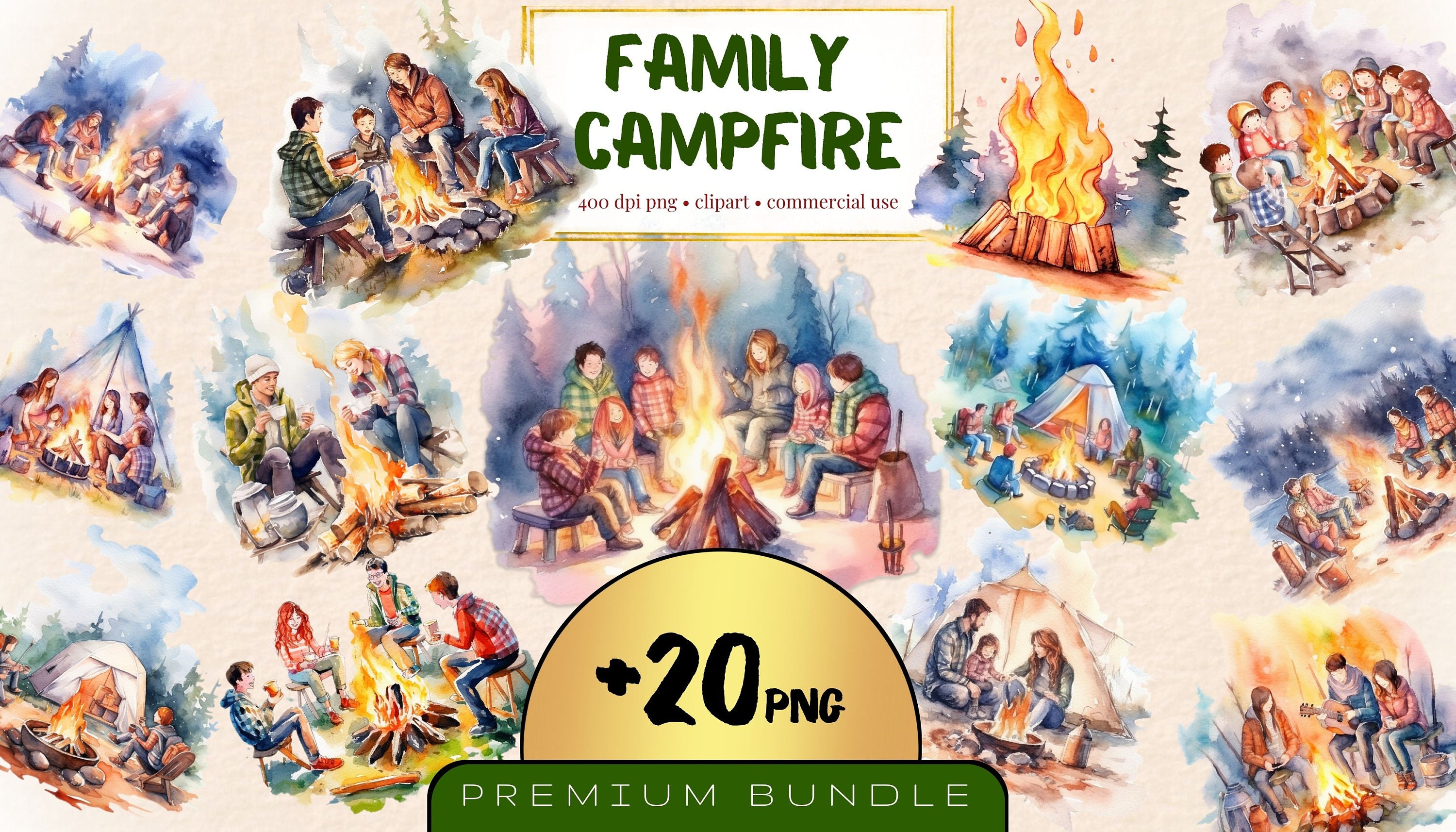 Watercolor Family Campfire Clipart Set, Campsite Scenery (PNG) - Etsy