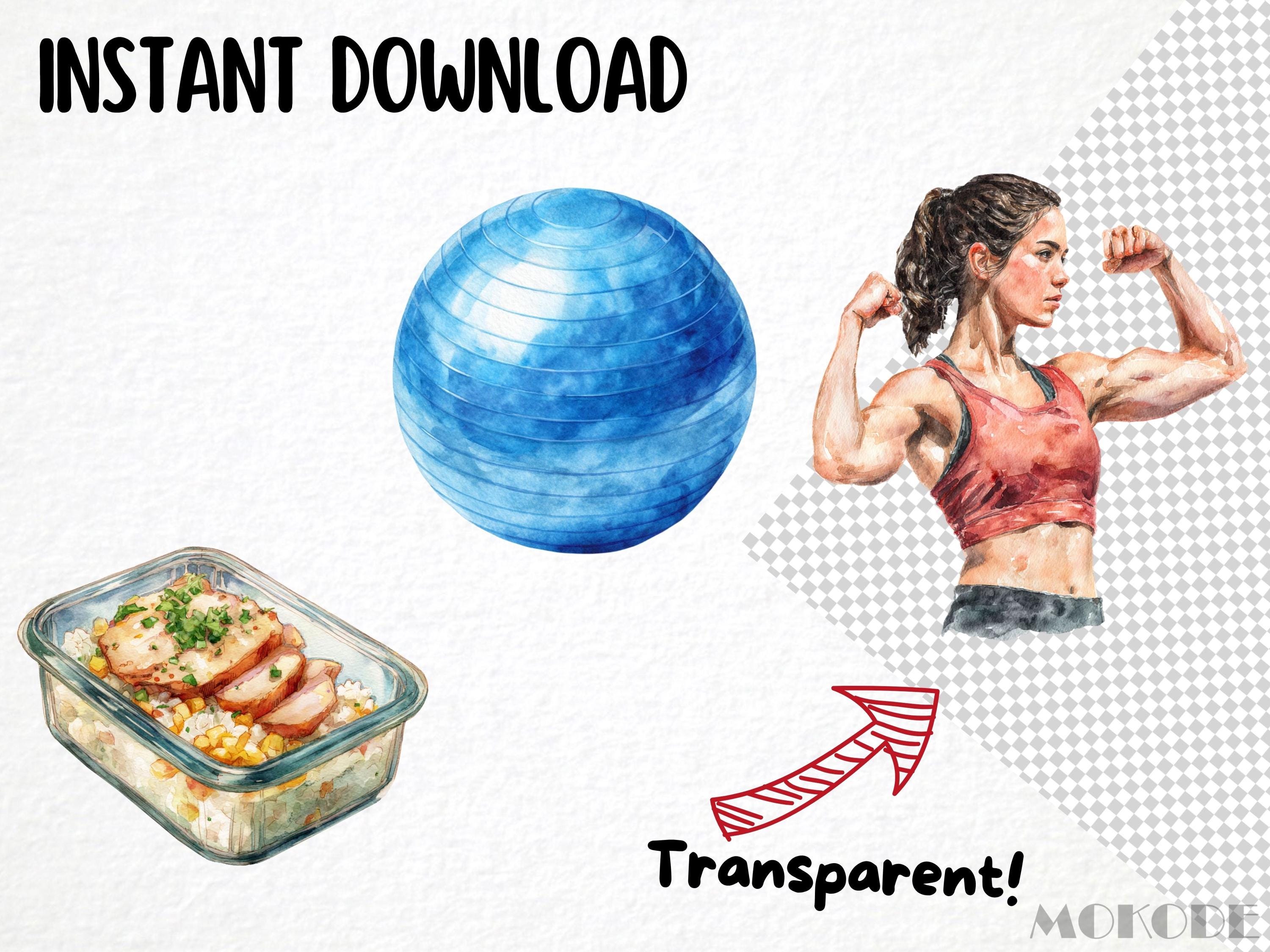Fitness Clipart Bundle 65 PNG, Watercolor Sports Equipment Gym Workout ...