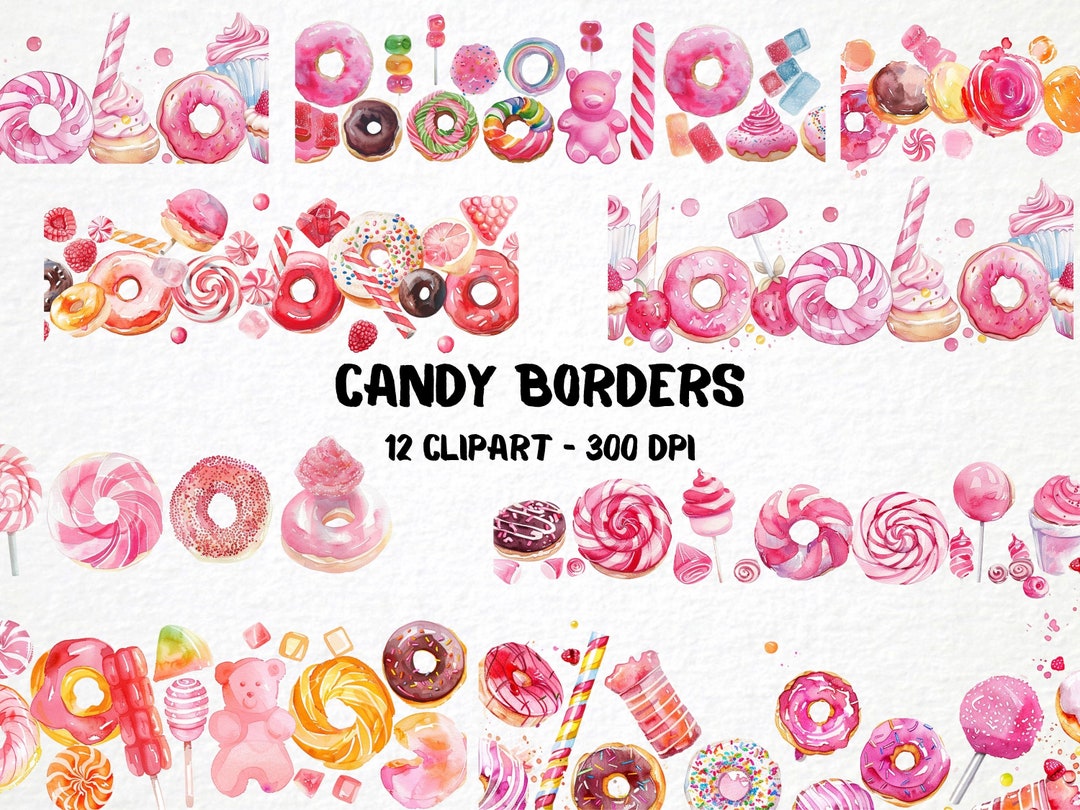 Watercolor Pink Candy Borders 12 Png Clipart Bundle, Food Graphics ...