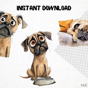Funny Pug Dog Clipart 23 Png, Cute Caricature Pets, Puppies Watercolor ...