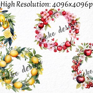 Watercolor Fruit Wreath Clip Art Summer Fruits Wedding Invitation ...
