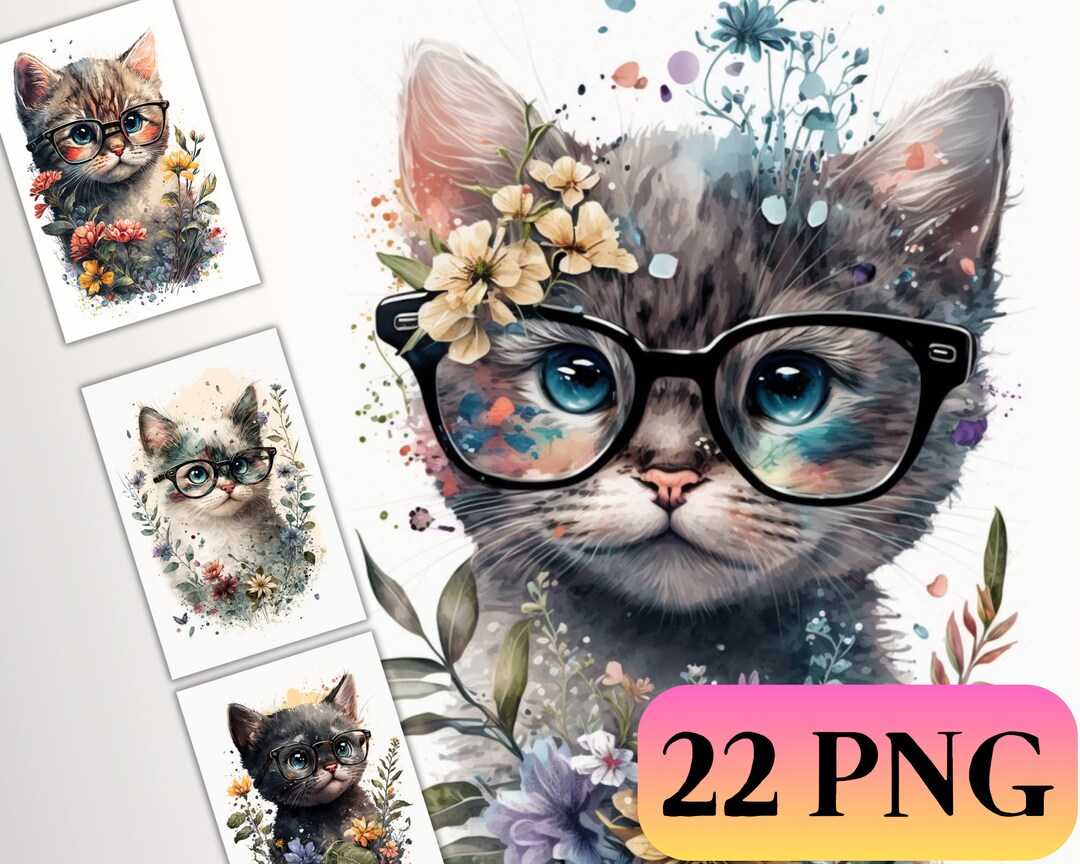 Cute Kittens in Glasses Clip Art Funny Cats Design Bundle - Etsy