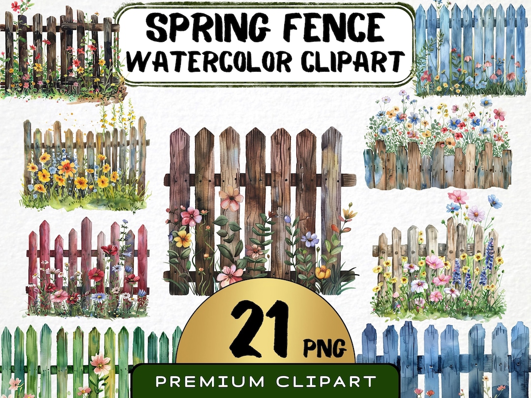 Watercolor Spring Fence Clipart 22 Png, Floral Garden Fence Sublimation ...