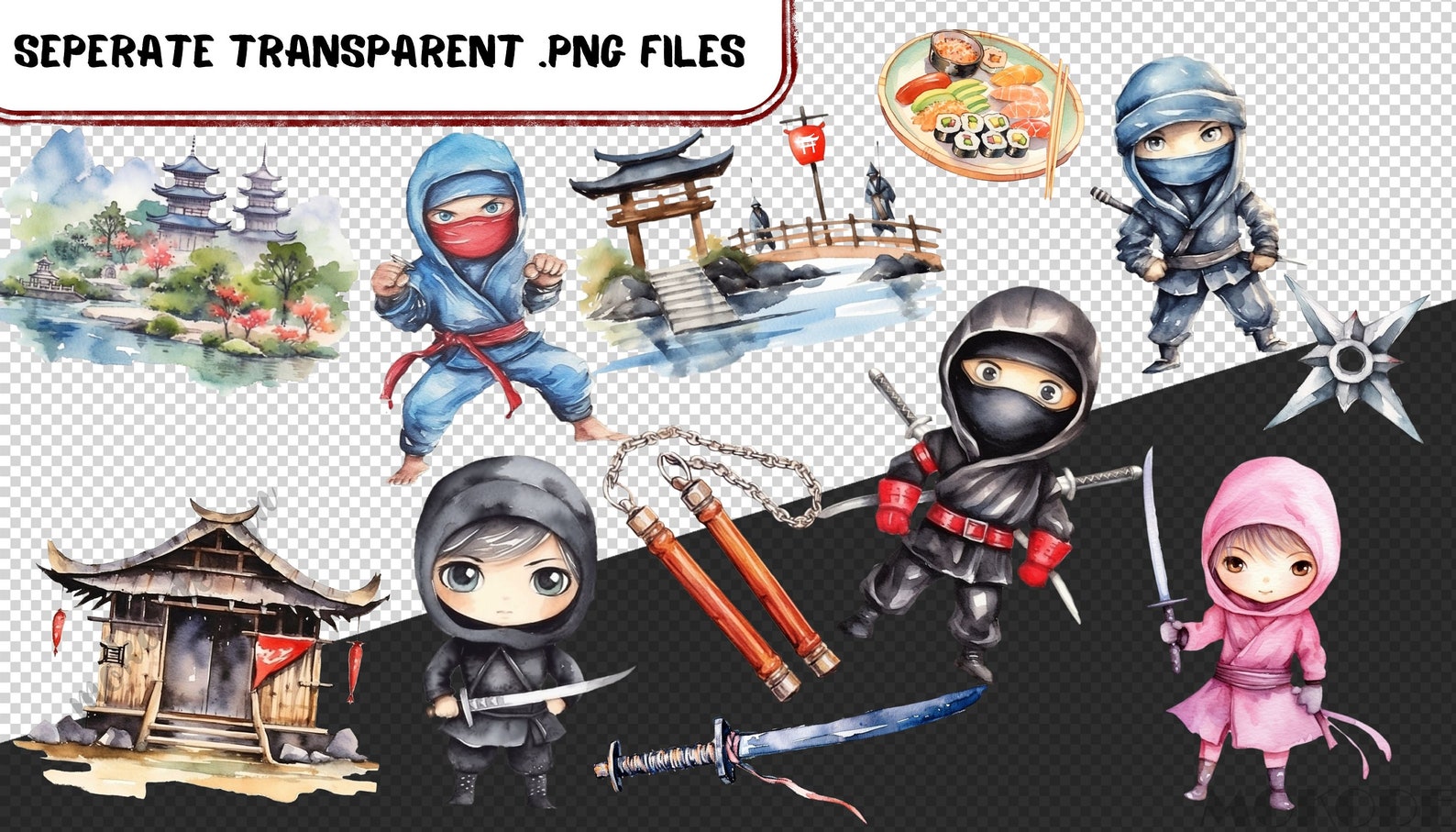 Cute Ninja Watercolor Clipart, 47 Ancient Japanese Warrior Ninja ...