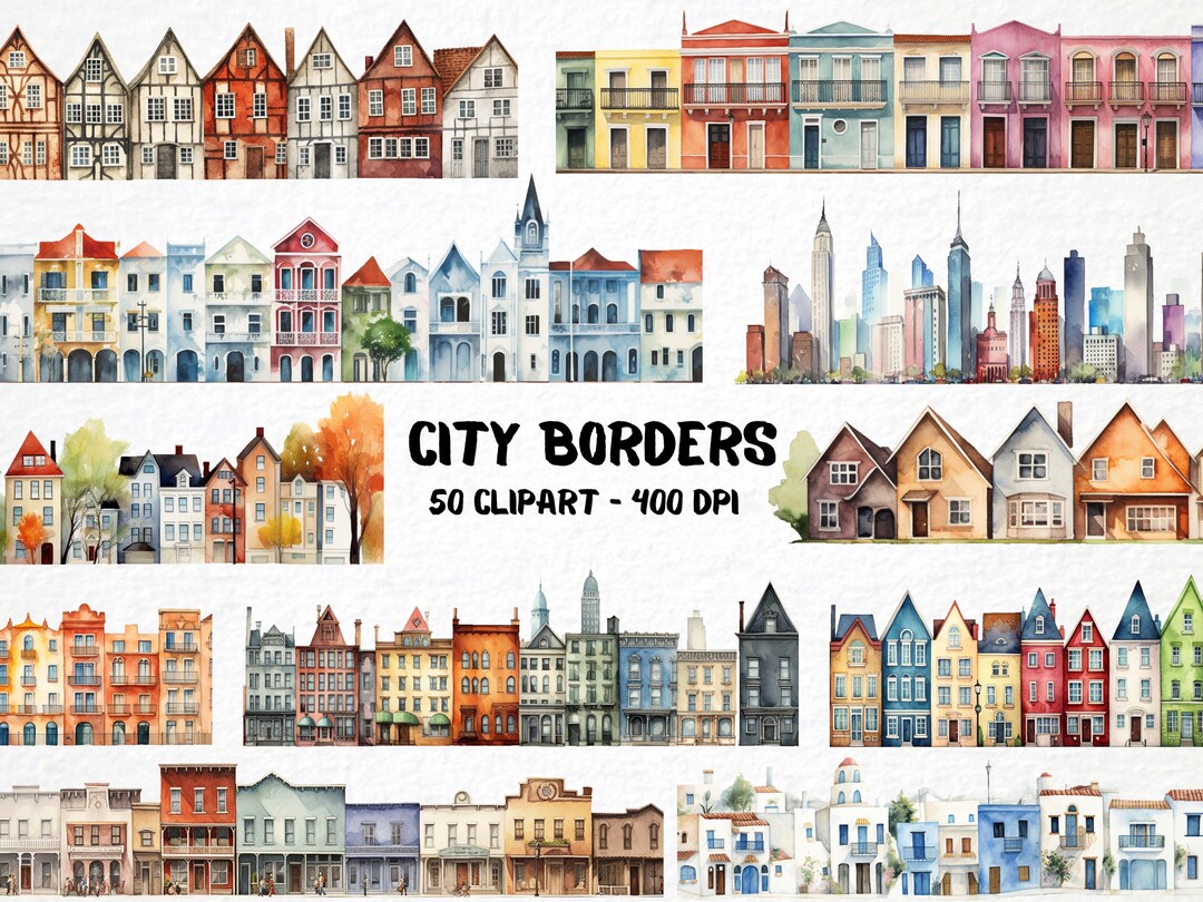 Watercolor City Borders - 50 Clipart Bundle, DIY House Graphics ...