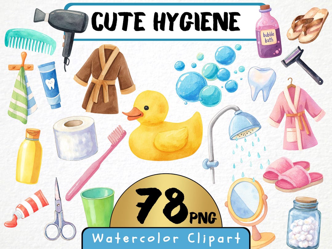 Watercolor Hygiene Clipart, Bathroom Self-care Graphics (PNG ...