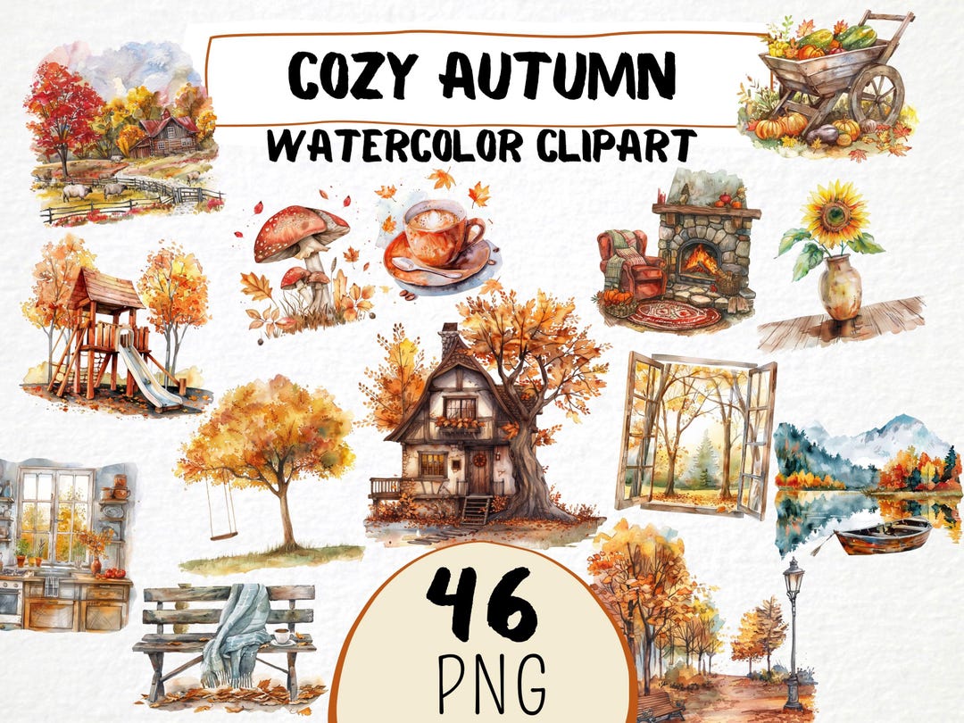Watercolor Cozy Autumn Clipart 46 Png, Fall Home Fireplace, Autumn ...