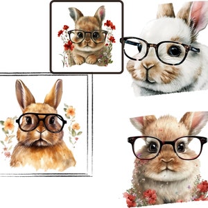 Cute Bunnies in Glasses Clip Art Funny Bunny Design Bundle Watercolor ...