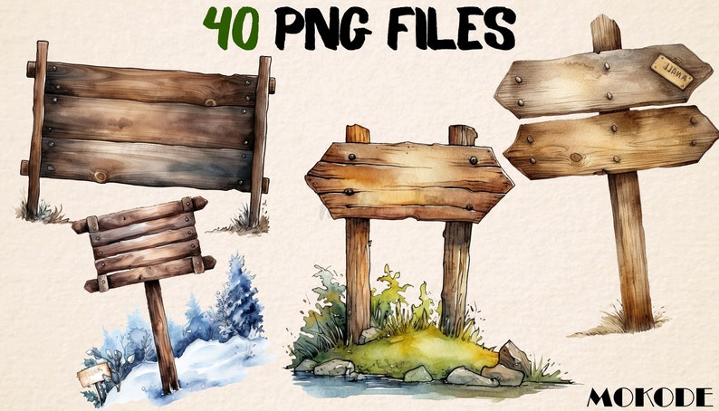 Wooden Sign Watercolor Clipart Wood Sign Illustration, Set of 40 ...