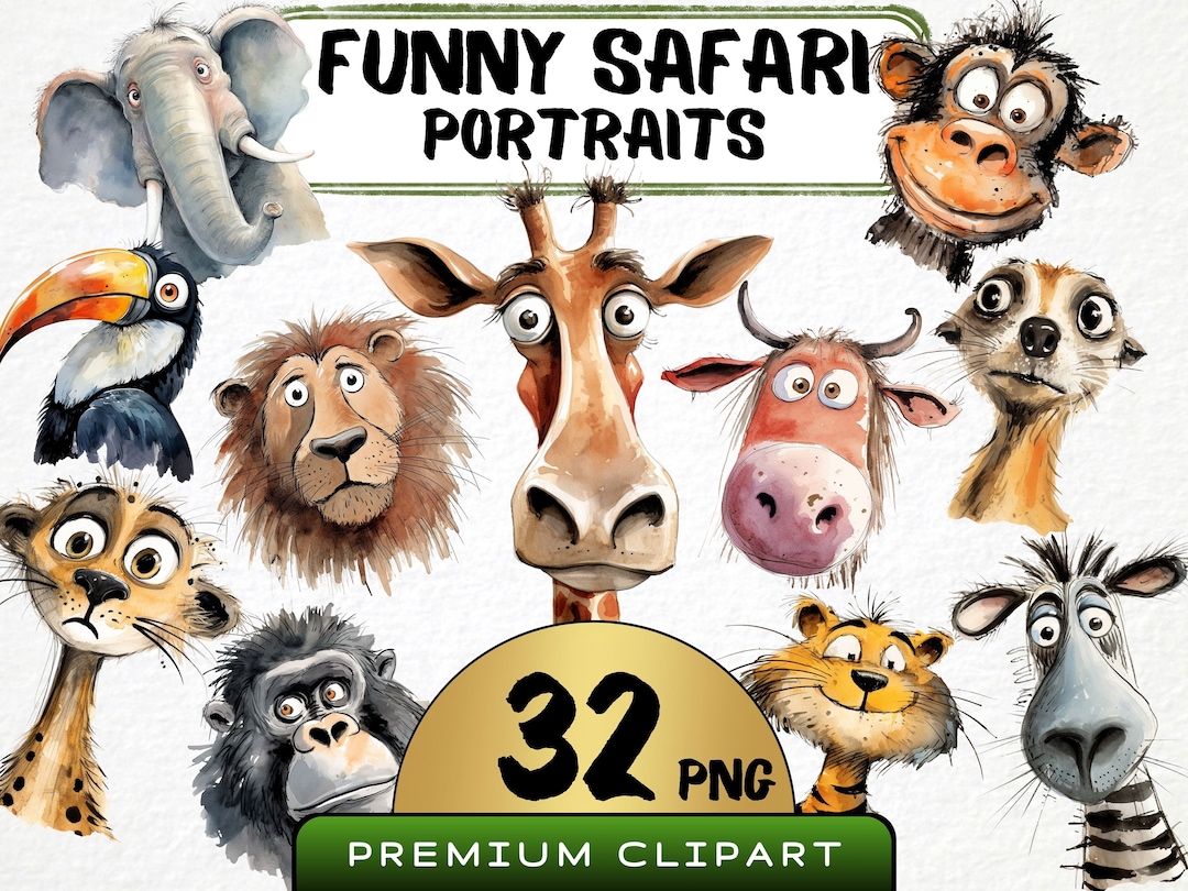 Funny Safari Animal Watercolor Clipart, Caricature Portraits (32 PNG ...