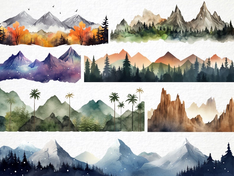 Watercolor Mountain Borders - 65 Clipart Bundle, DIY Nature Graphics ...