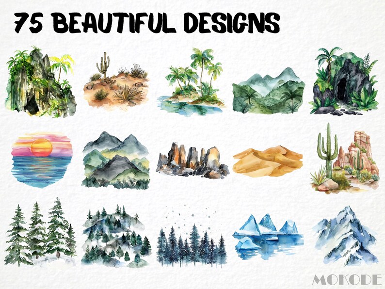 Watercolor Landscape Clipart, Nature Elements, Biomes (75 PNG) (digital ...