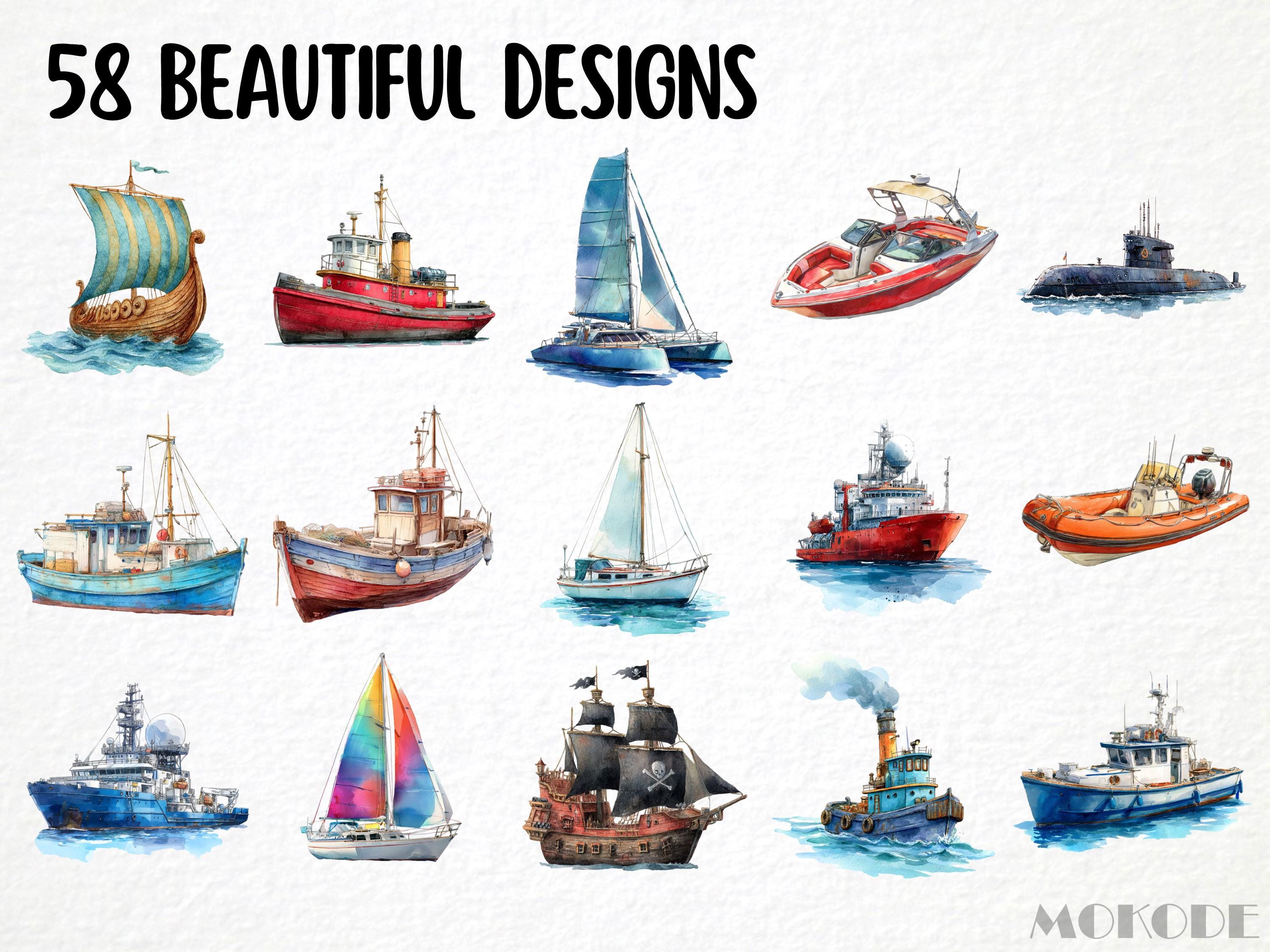 Watercolor Ships Clipart Bundle, Nautical Vessel Illustrations (PNG ...