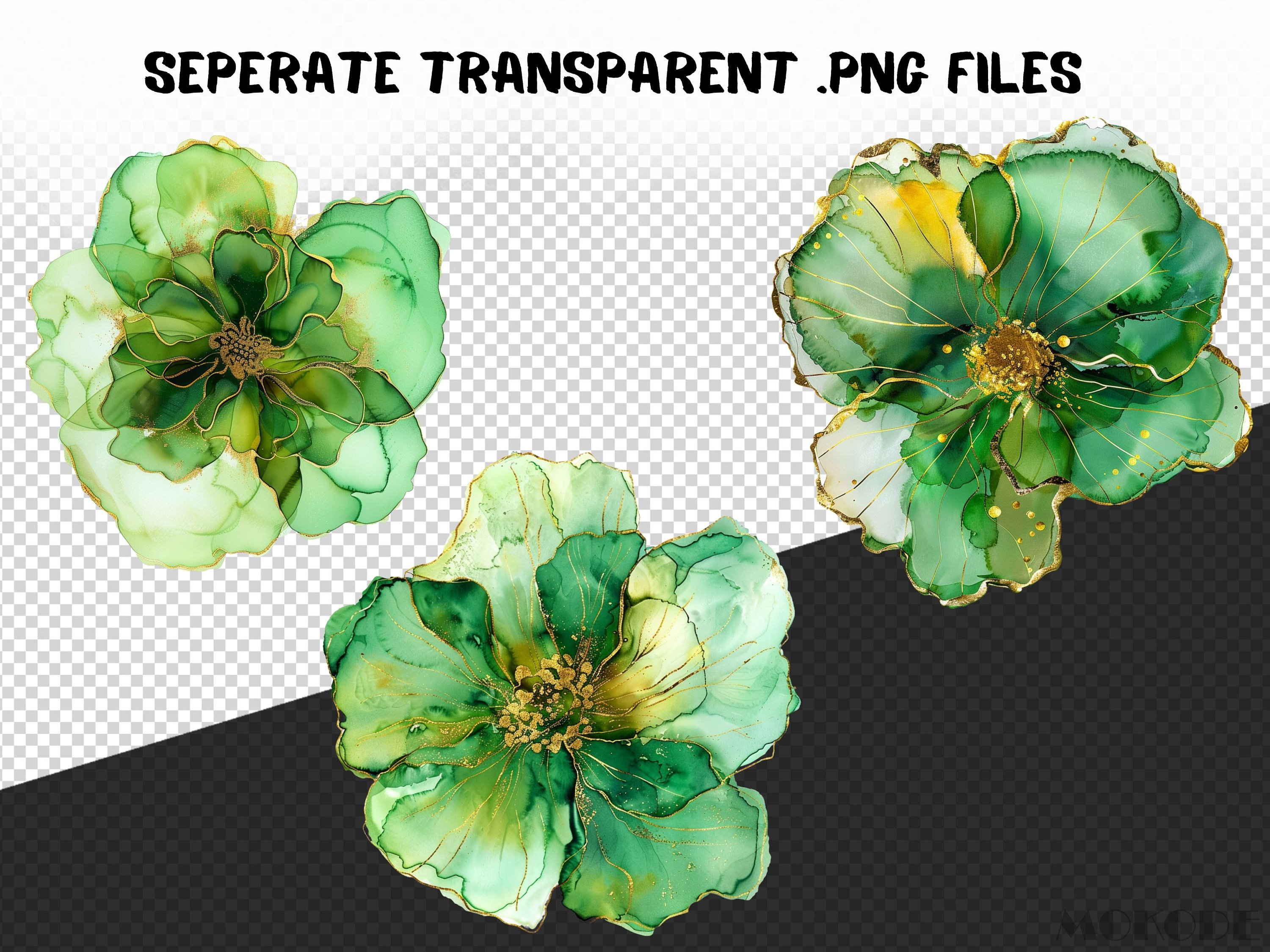 Abstract Green Gold Flower Clipart 7 Png, Watercolor Floral Alcohol Ink ...