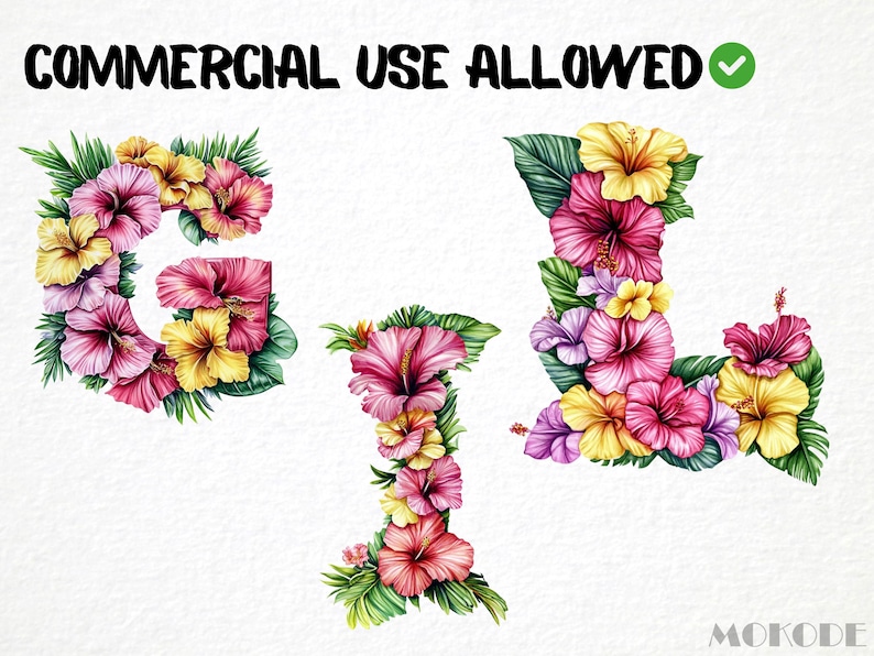 Watercolor Floral Alphabet Clipart, Hawaiian Tropical Letters (40 PNG ...