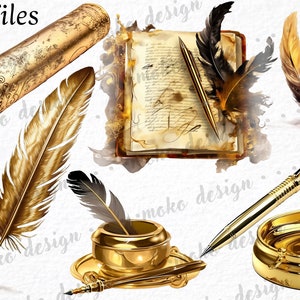 Golden Ink Writing Clipart, Vintage Pen, Quill, Inkwell (digital PNG ...