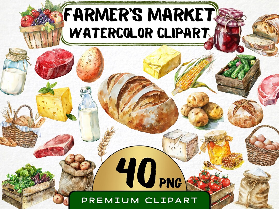 Watercolor Farmer's Market Clipart 40 Png, Whole Foods, Milk, Flour ...