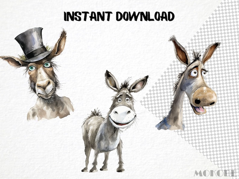 Funny Donkey Watercolor Clipart, Caricature PNG (digital Prints) - Etsy